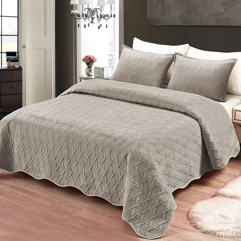 Set Cuvertura de Pat Dublu din Catifea, 2 Fete de Perna, Gri Inchis - Patul Ideal